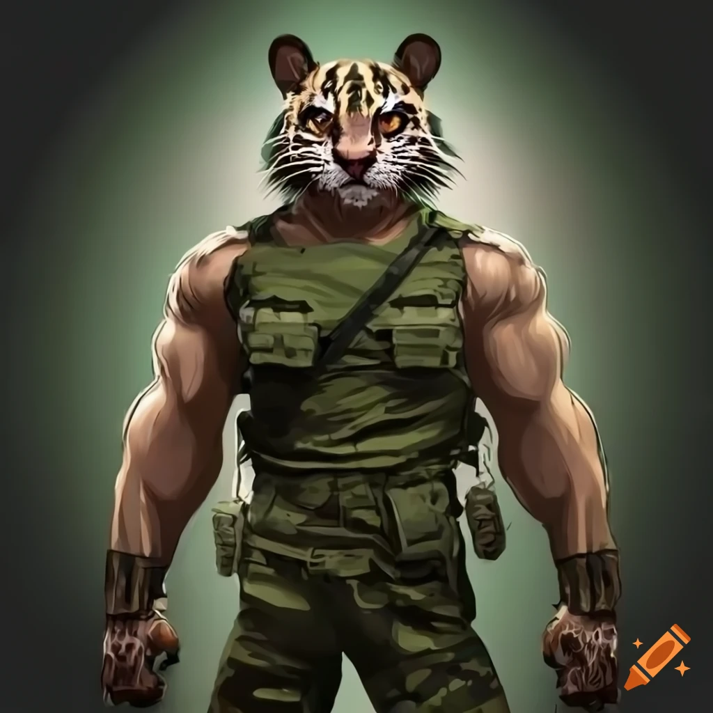 Anthro male white tiger in military style pants and green t-shirt on ...