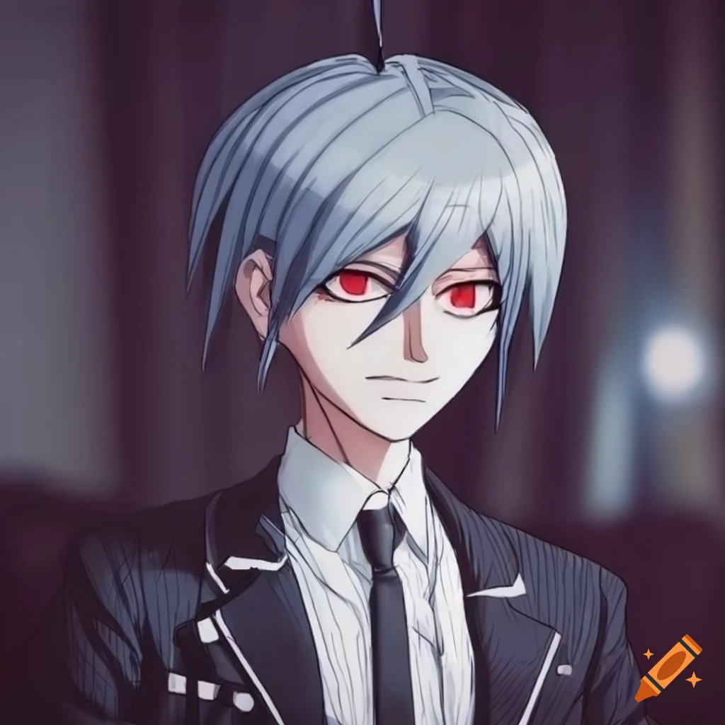 Detective shuichi saihara with unique white hair and red eyes on Craiyon