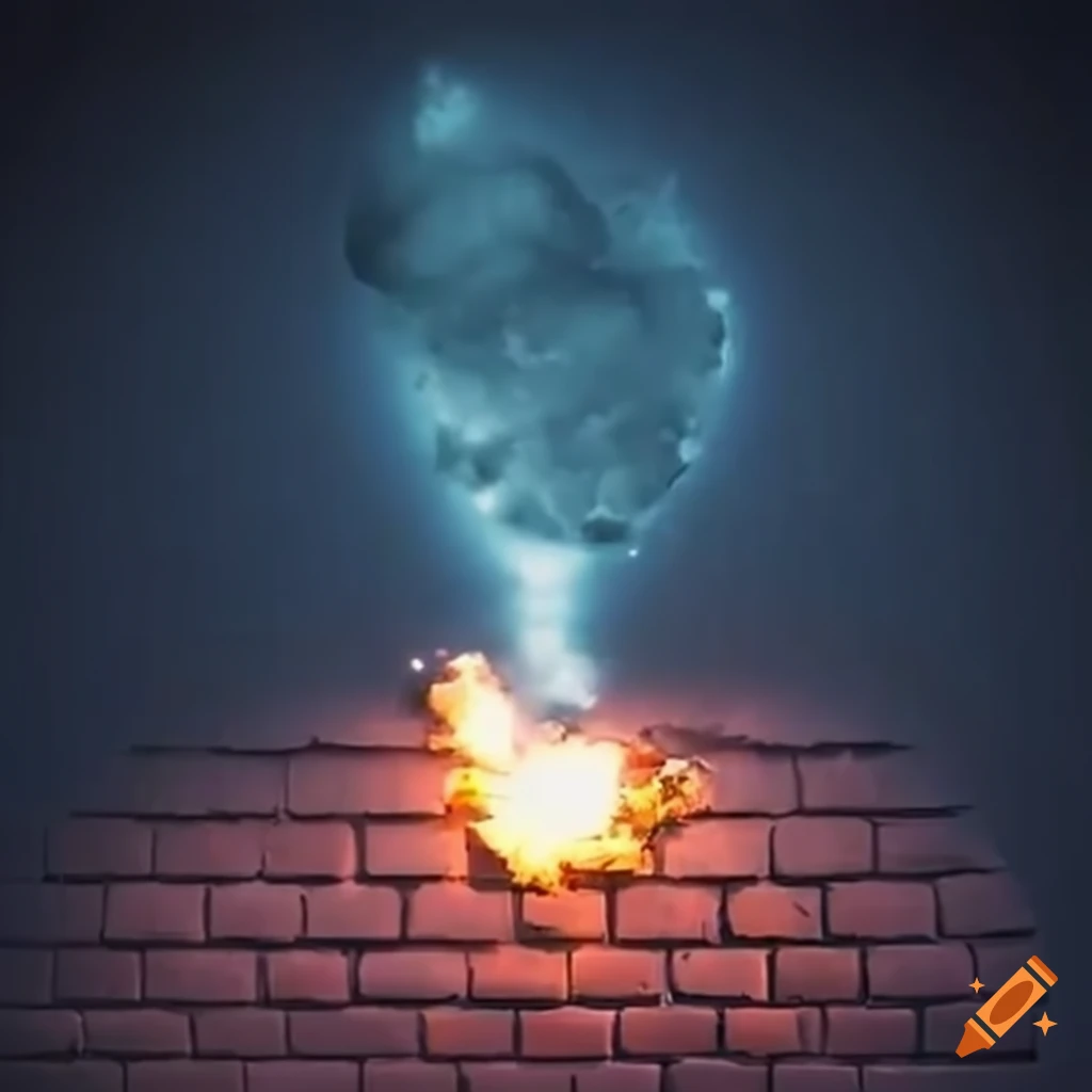 Explosion of wall with flying bricks in illuminated night sky on Craiyon