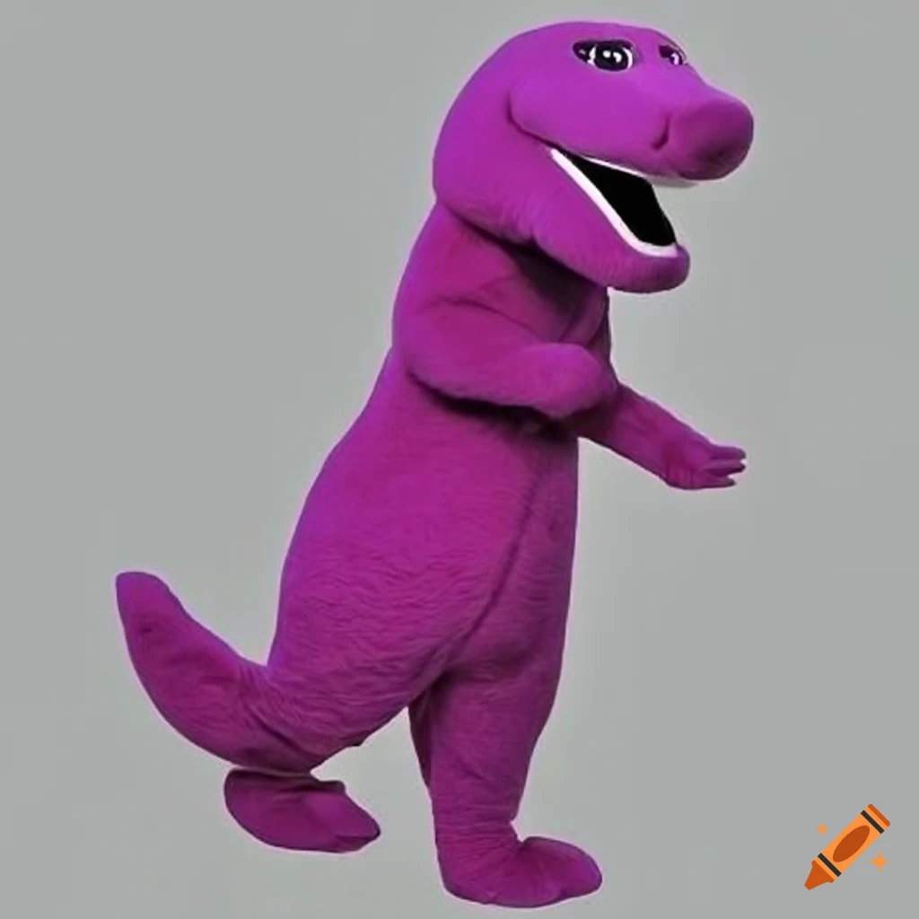 Weasel in a full body barney mascot costume on Craiyon