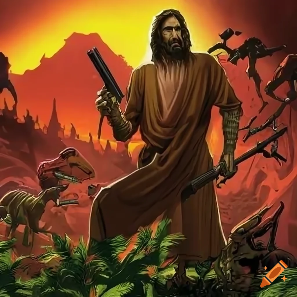 Jesus fighting velociraptors with a machine gun in a hellish jungle ...