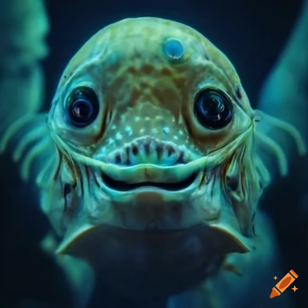 Alien fish head facing the camera on Craiyon