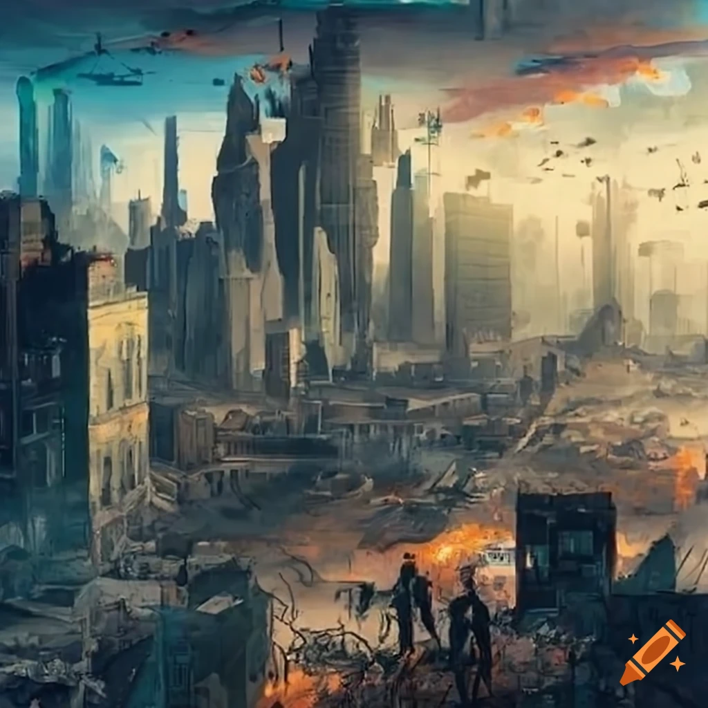 Destroyed city with skyscrapers, broken windows, and holes in walls ...