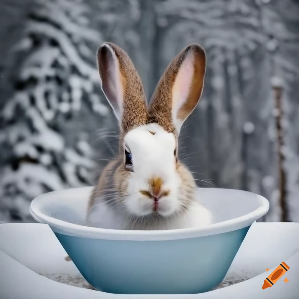 Rabbit enjoying an ice bath surrounded by snowy trees on Craiyon