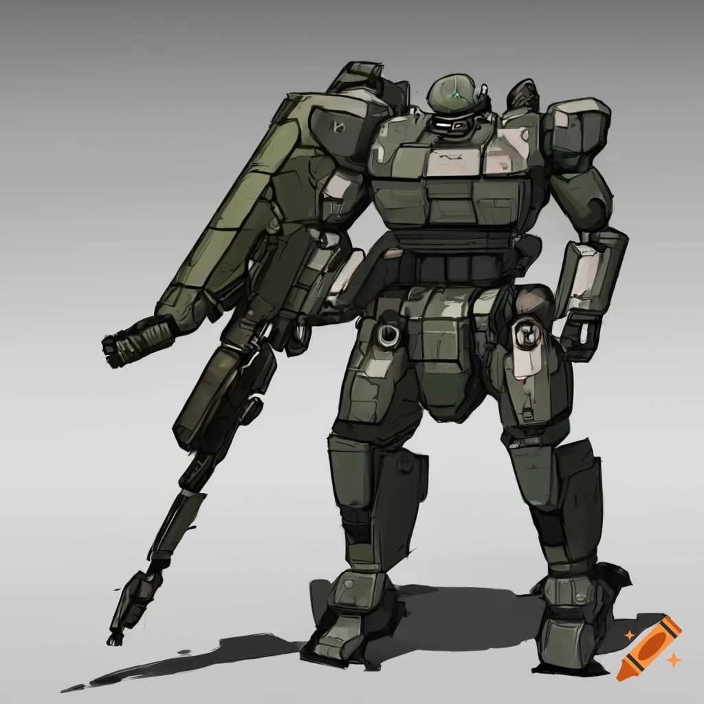 Military mecha with gunmetal color and bulky armor in anime style on ...
