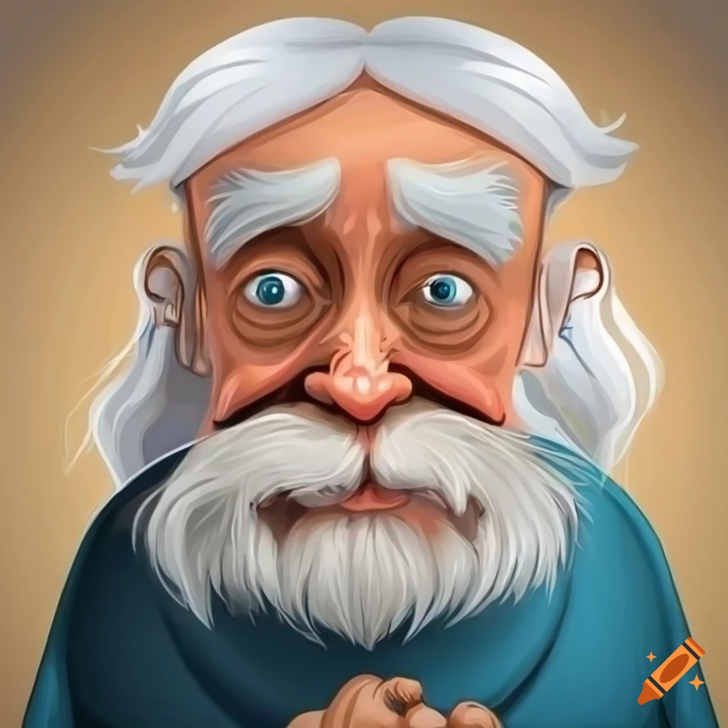 Cartoon of a thin and wise old man with white hair and wrinkles on Craiyon
