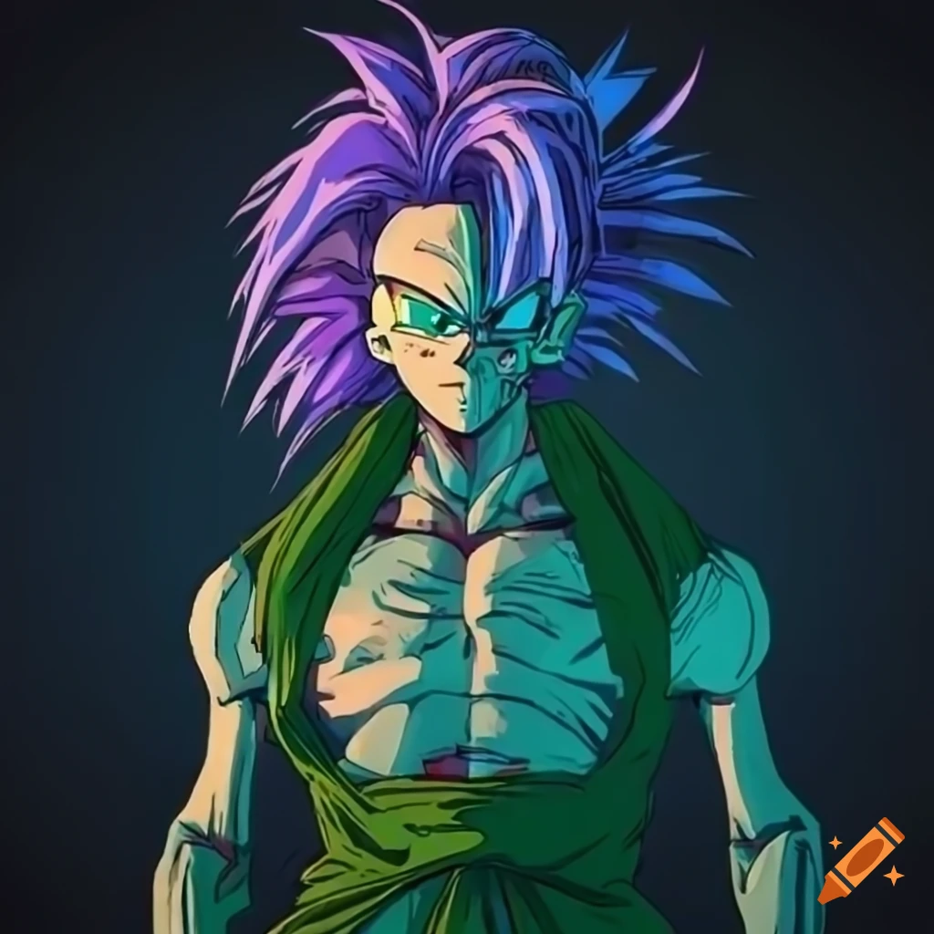 Skeleton face with hair inspired by dragon ball z's trunks, wearing a ...