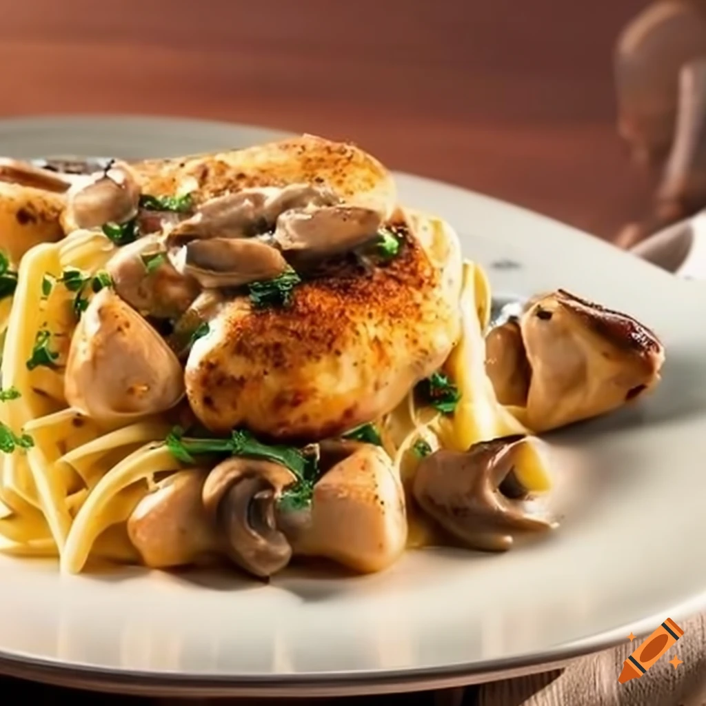 Plate of chicken pasta with creamy mushroom sauce on Craiyon