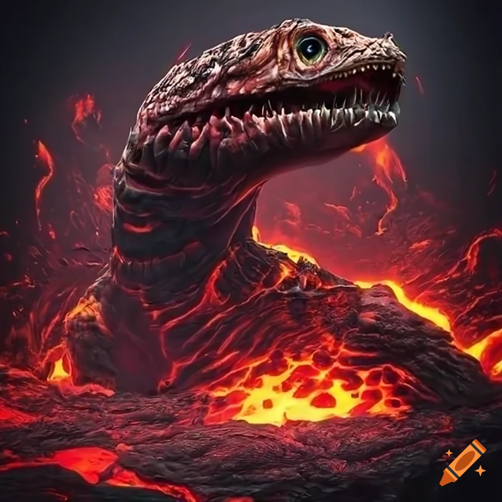 Fantasy reptile surrounded by flowing lava in a digital art on Craiyon