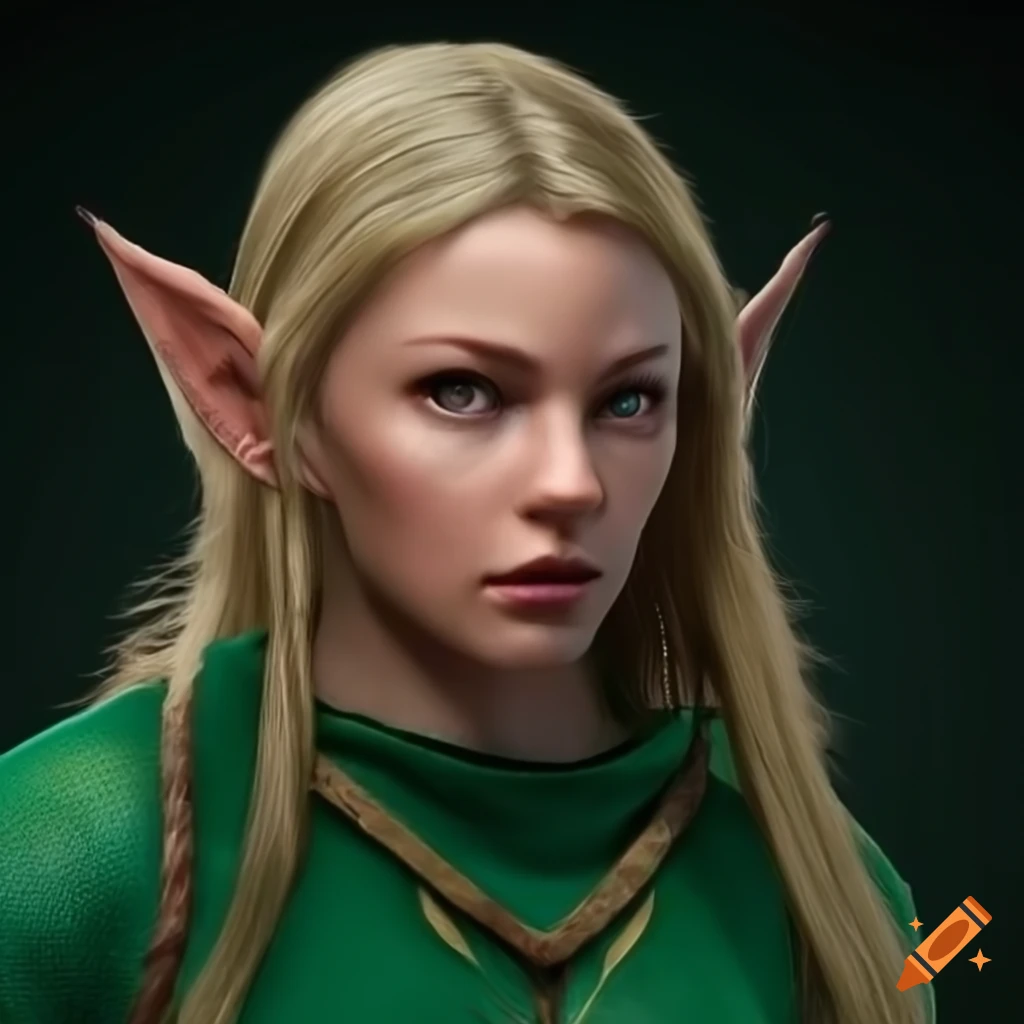 Beautiful female elf with long blonde hair in a green tunic on Craiyon