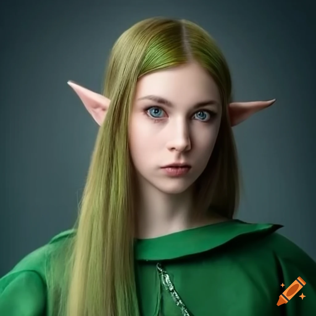 Beautiful 25-year-old female elf in a green tunic on Craiyon