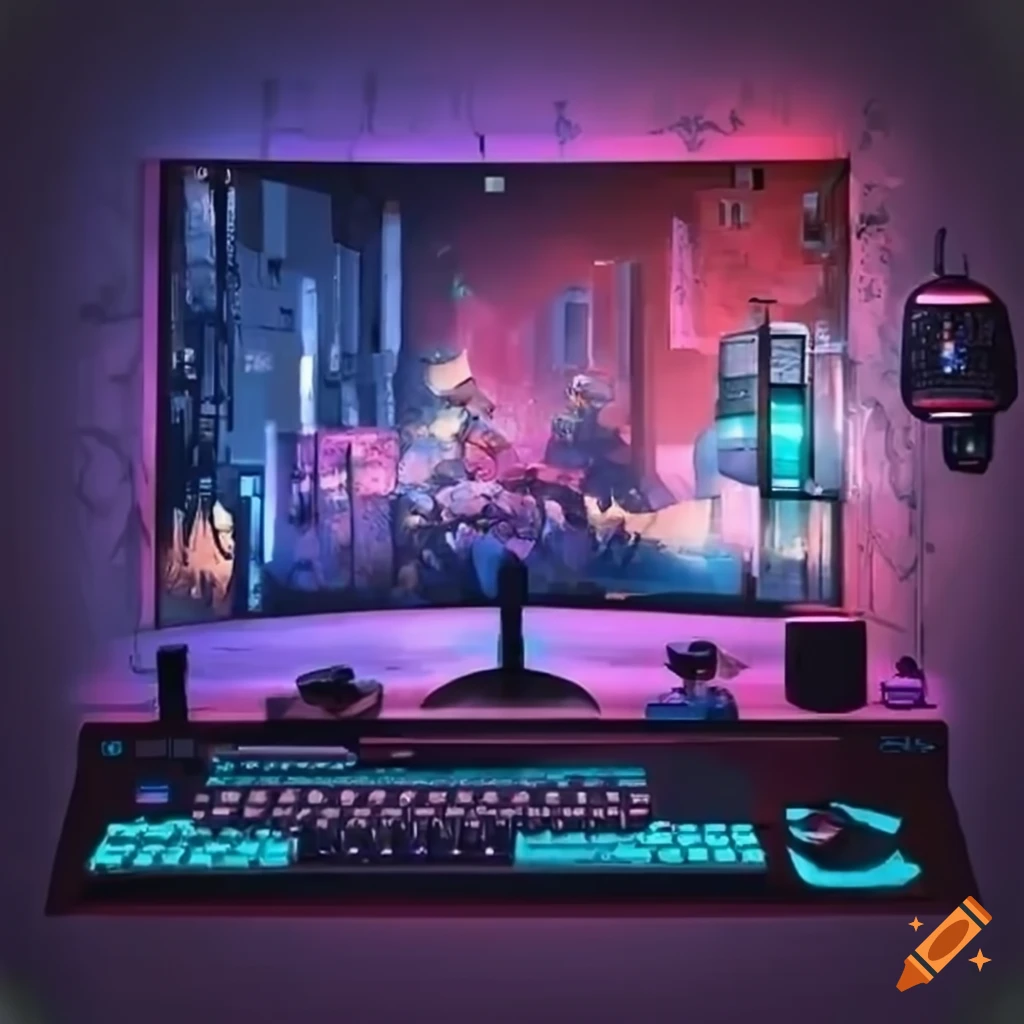 Animated gaming room with 'ANDROID & Pc GAMES' on screen on Craiyon