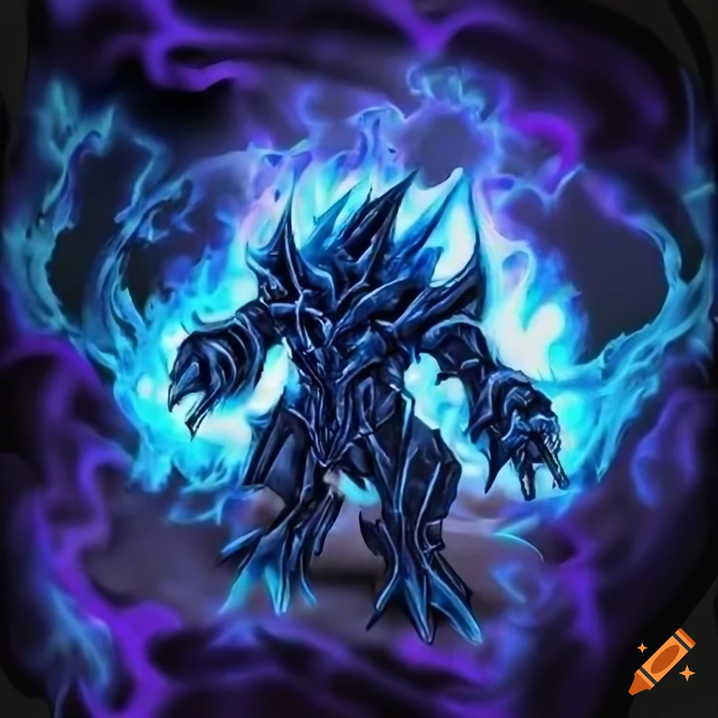 Dark blue fire elemental with blue fire in yugioh art style on Craiyon
