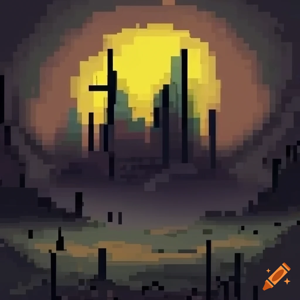 Dramatic post-apocalyptic pixel art landscape with dark colors on Craiyon