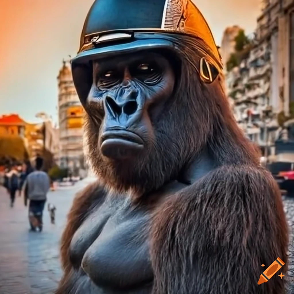 Gorilla wearing helmet riding motorcycle in busy Athens streets on Craiyon