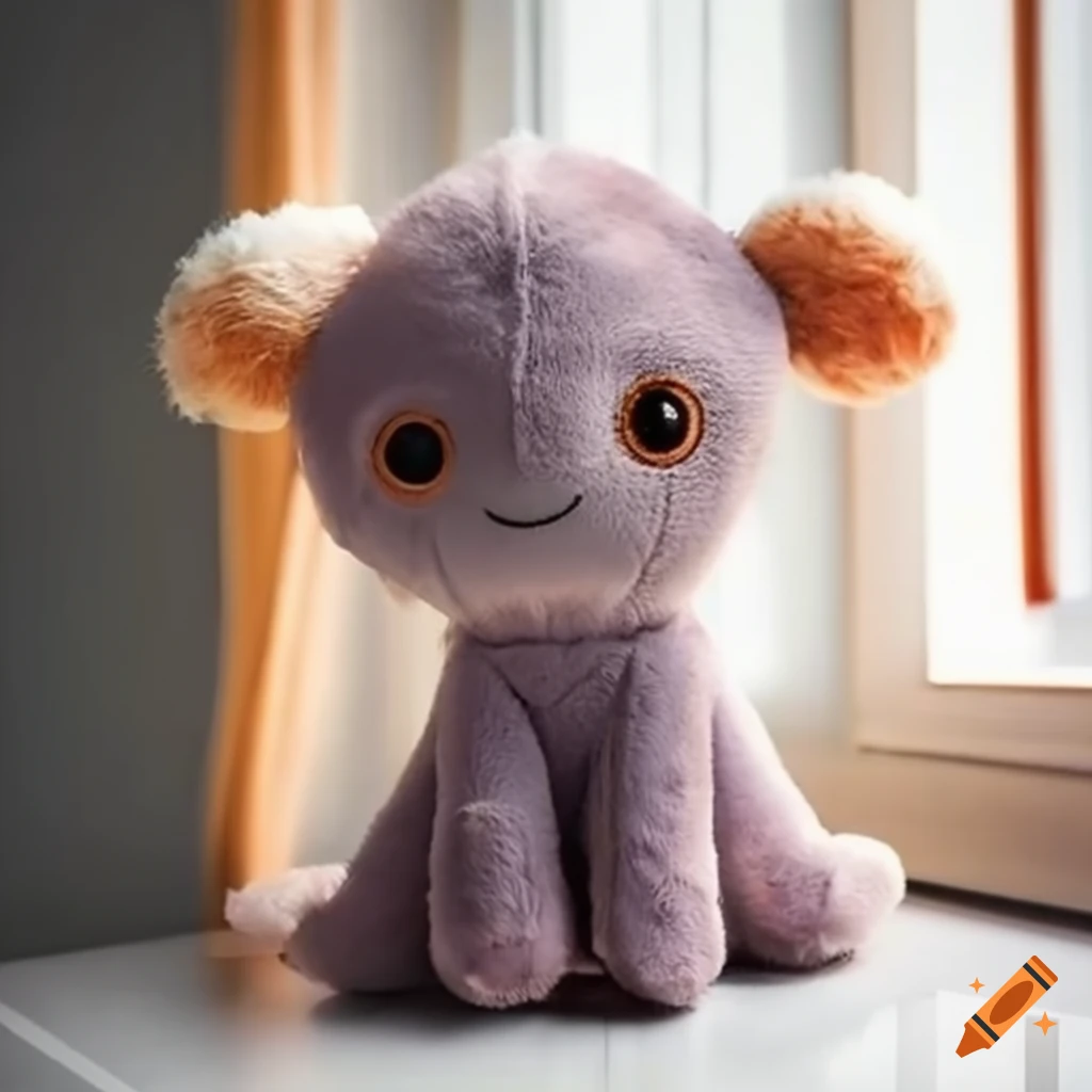 Unique cute plush creature sitting on a window sill on Craiyon