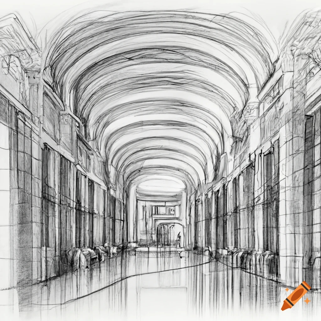 Pencil sketch of an atrium with high ceilings and natural light on Craiyon