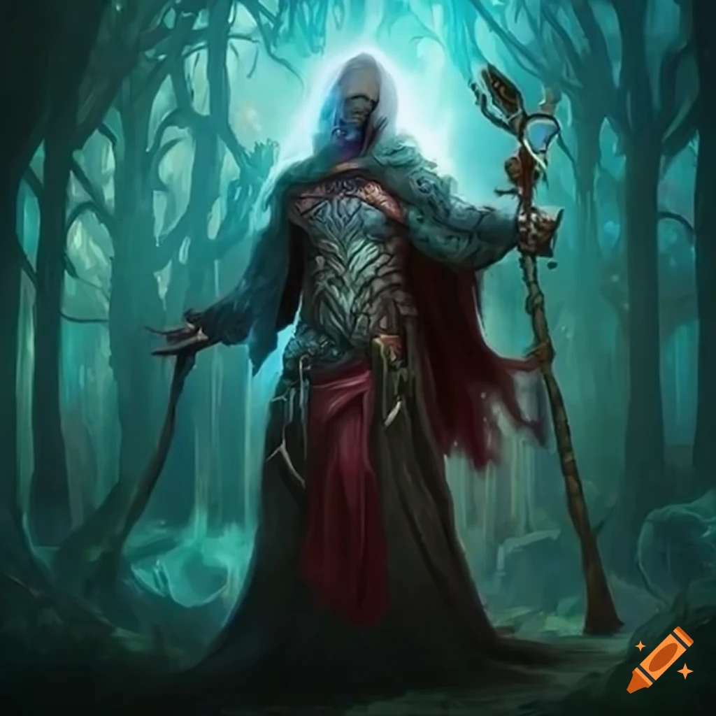 Epic fantasy human elementalist with fireball and staff in mystical ...