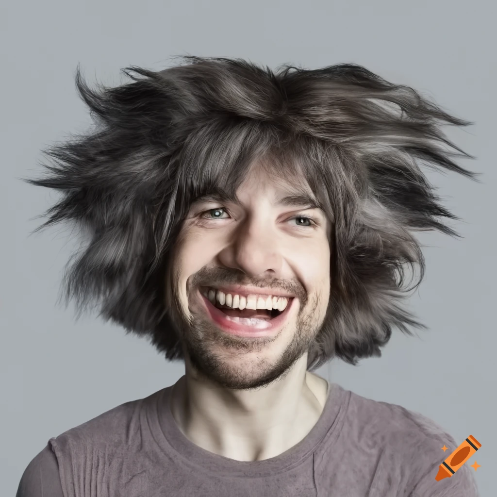 Man with sheep's hair smiling on light gray background on Craiyon