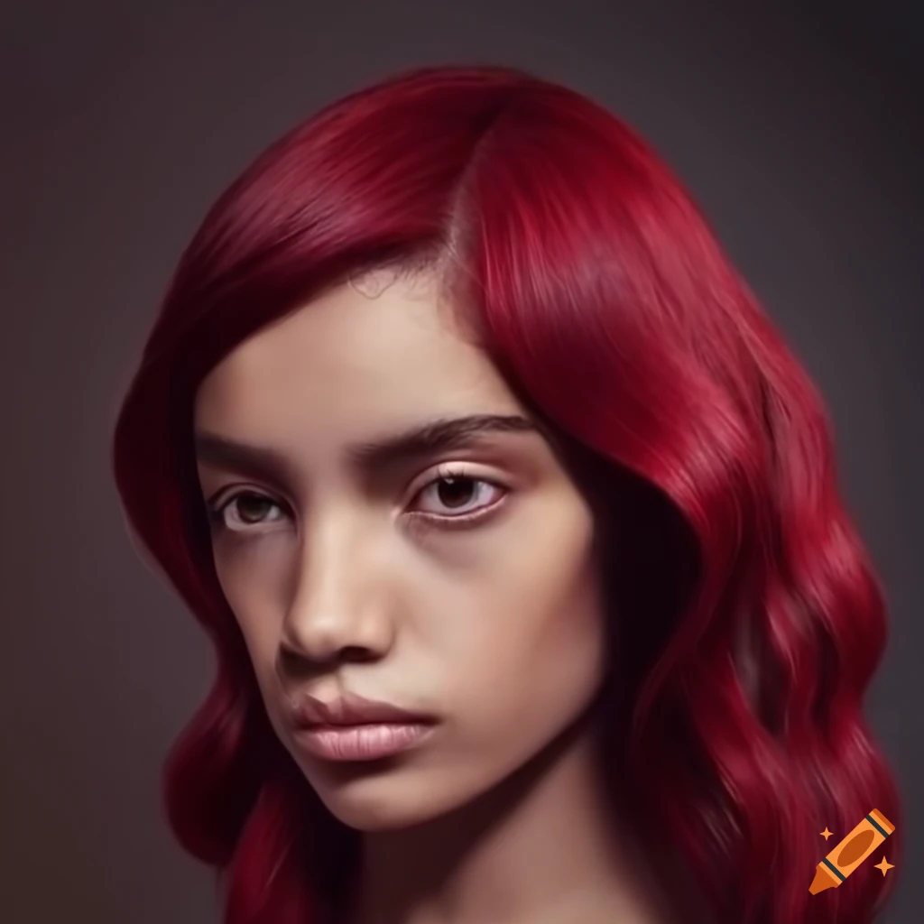 Alien woman with pointed ears, maroon hair, and brown skin wearing a t ...