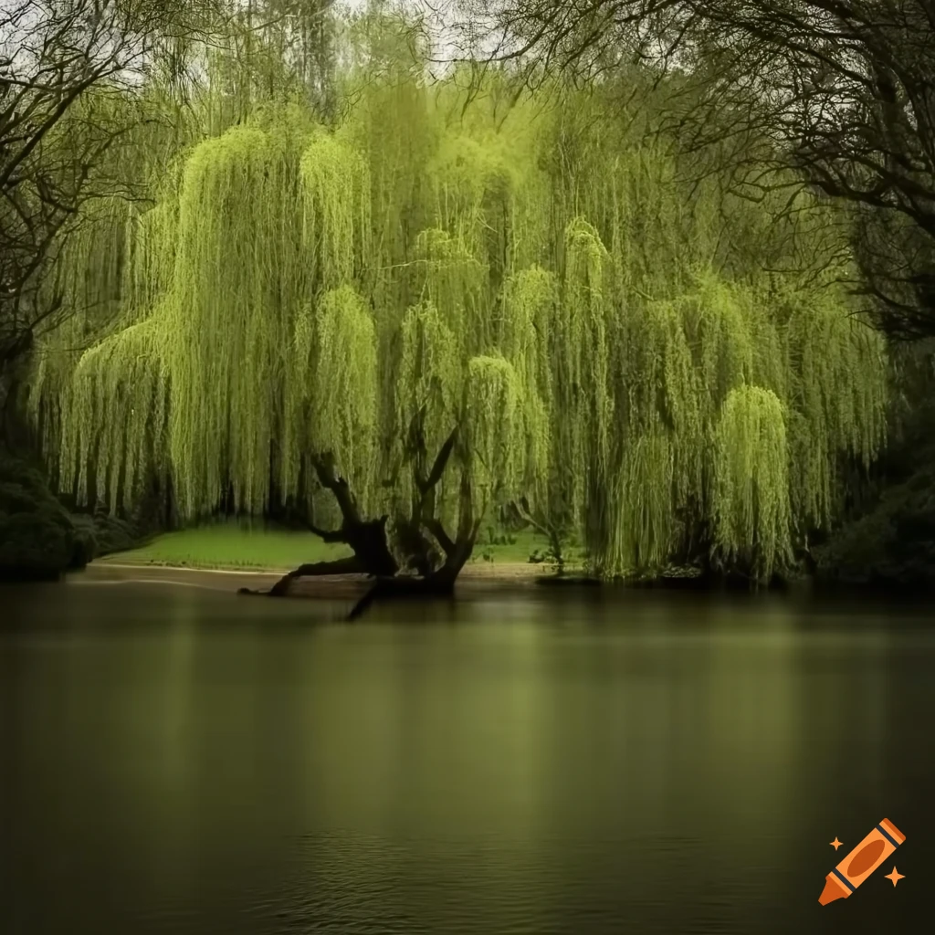 Weeping willow tree by a tranquil riverside in a bursting lilac forest ...