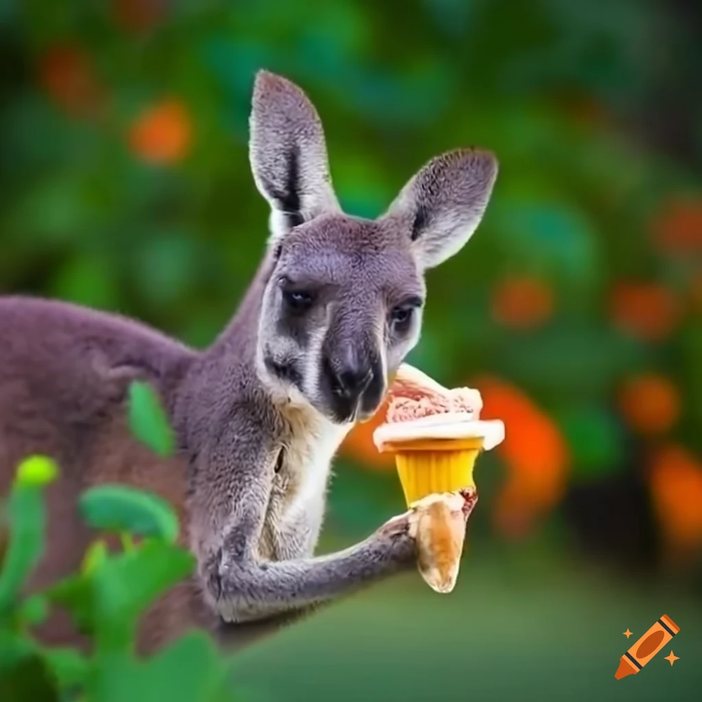 Playful kangaroo enjoying ice cream in a vibrant garden on Craiyon