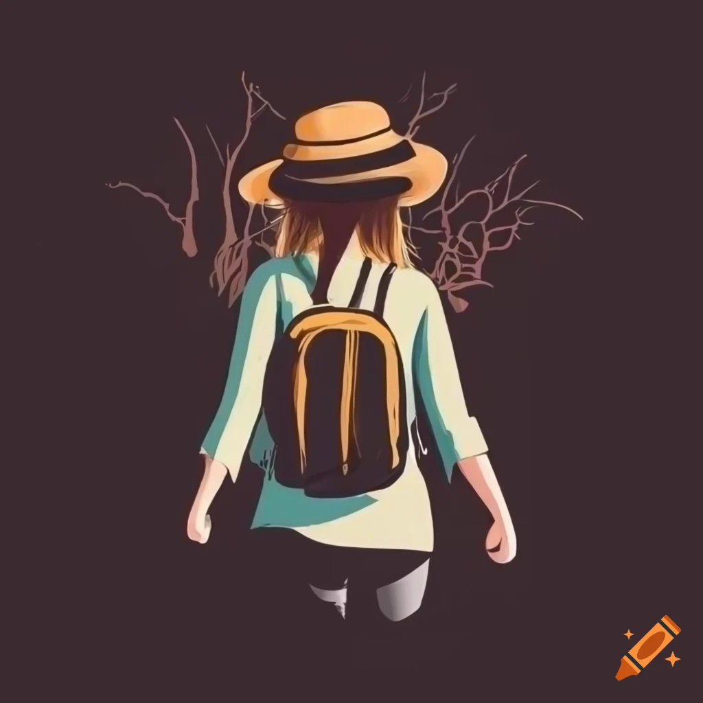 Hiker woman logo with a backpack on a black background on Craiyon