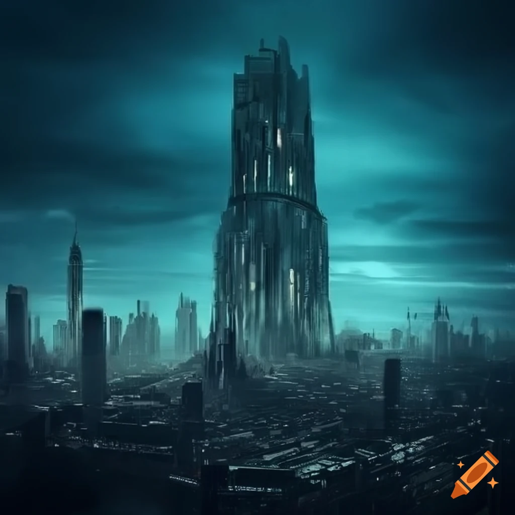 Futuristic dystopian cityscape with towering structures under ominous ...