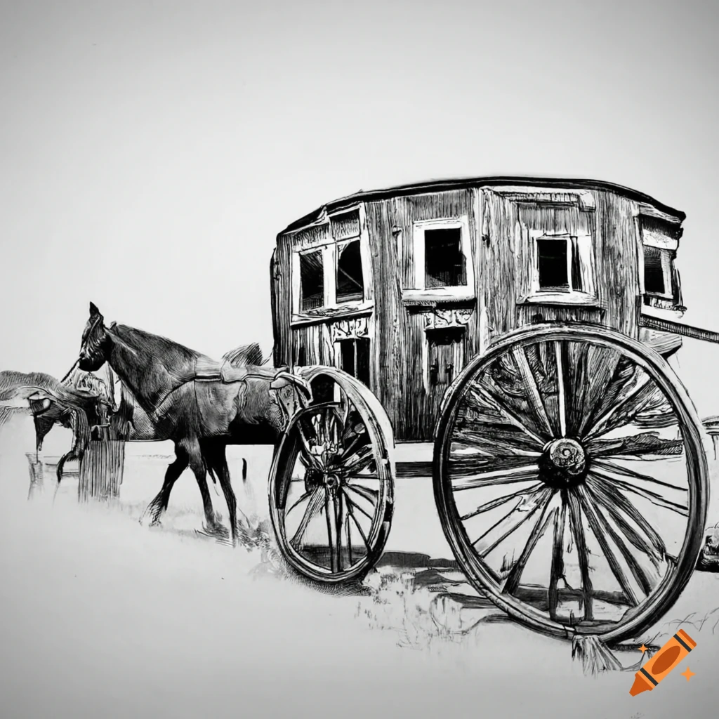 Black and white drawing of old west wagons, horses, and cowboys on Craiyon