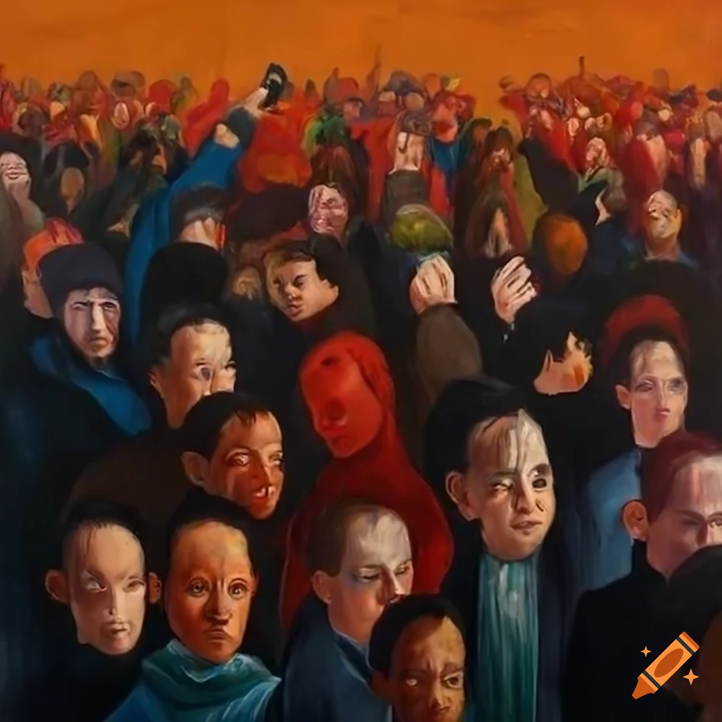 Diverse crowd of people staring blankly in unsettling painting on Craiyon