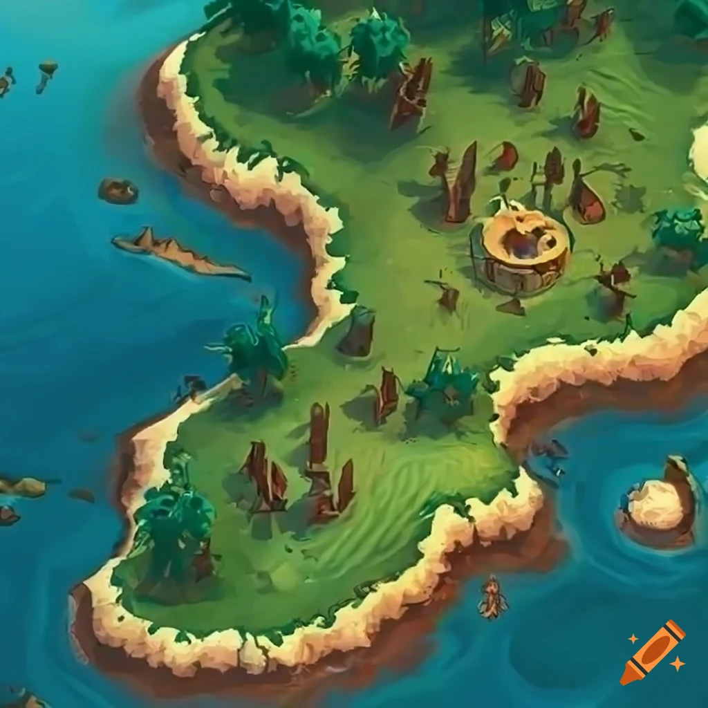 Top-down view of sandy islands in an rpg game setting on Craiyon