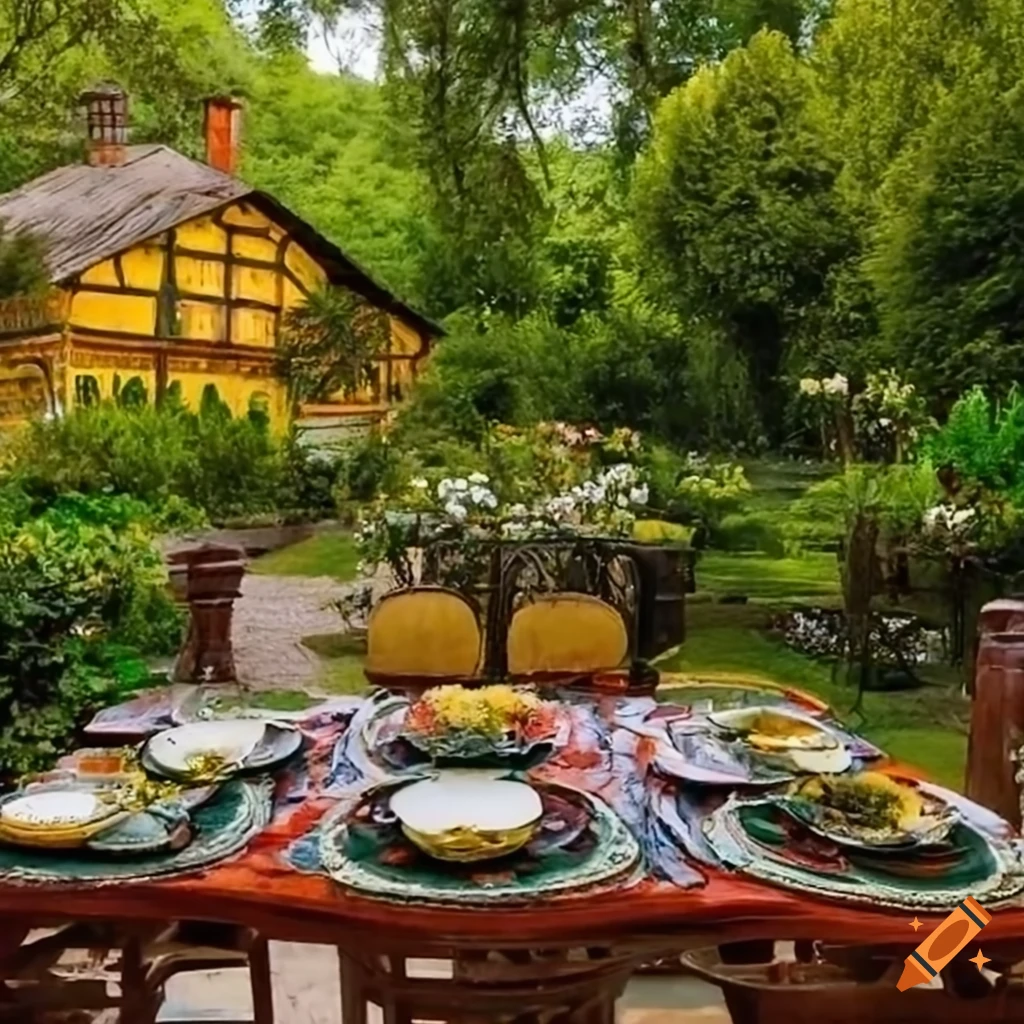 Intricate and vibrant artwork of a Romanian house with a garden full of ...