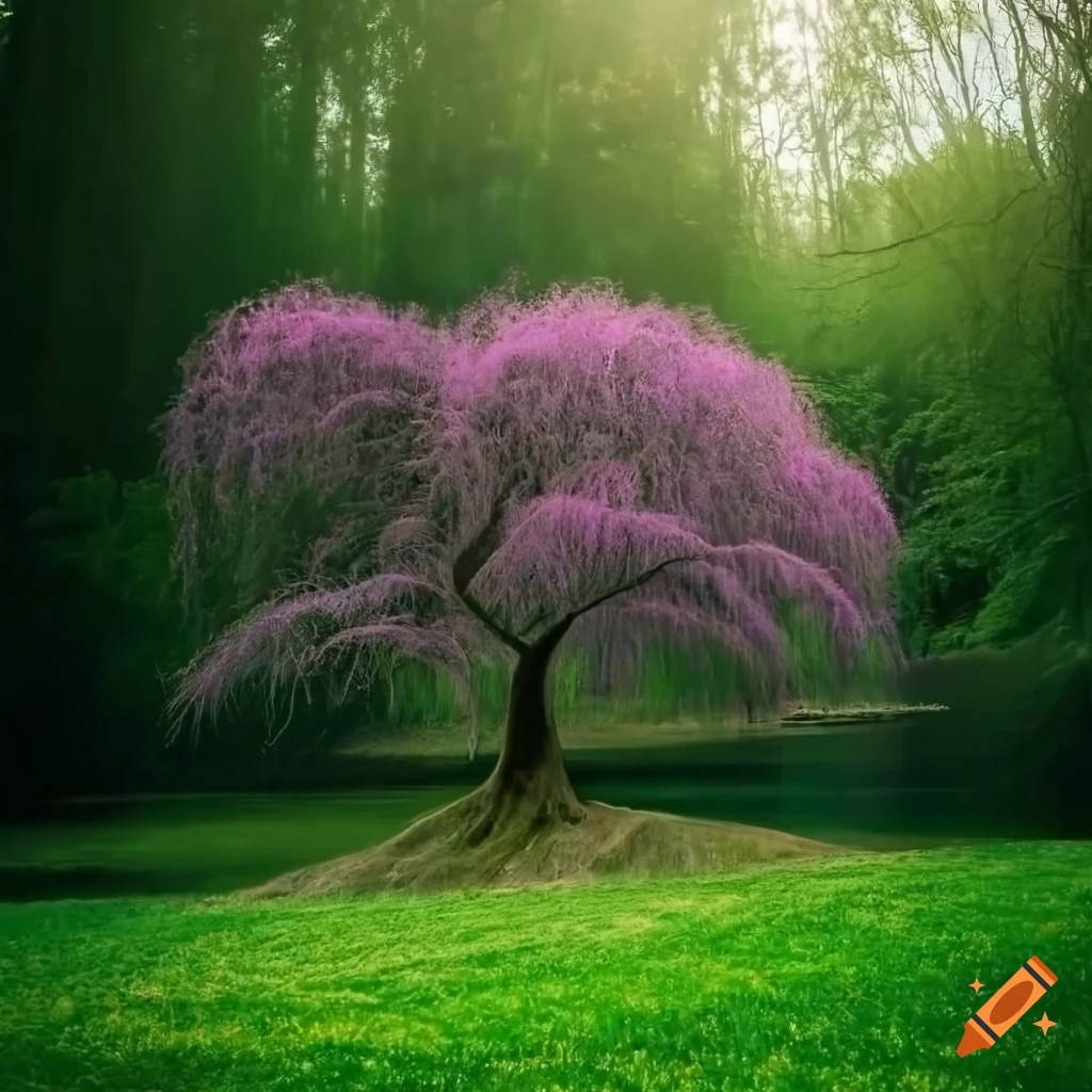 Weeping willow tree by tranquil riverside in lilac forest on Craiyon