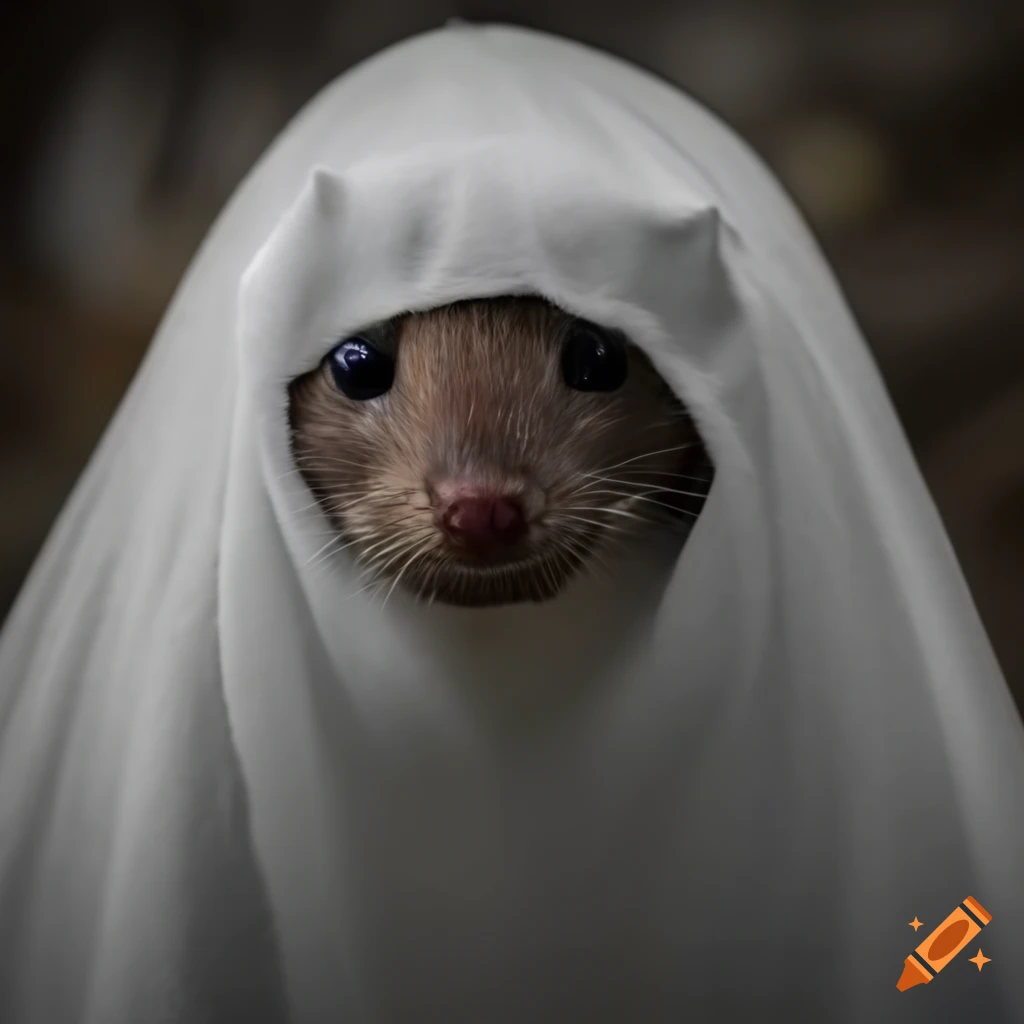 Weasel in a ghost costume made of a bed sheet on Craiyon