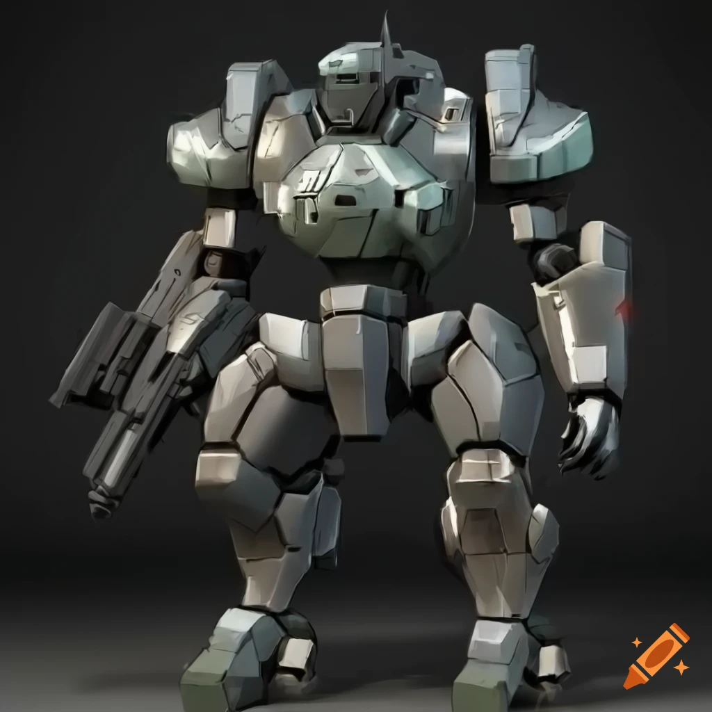 Military mecha with gunmetal color scheme and bulky armor in anime ...