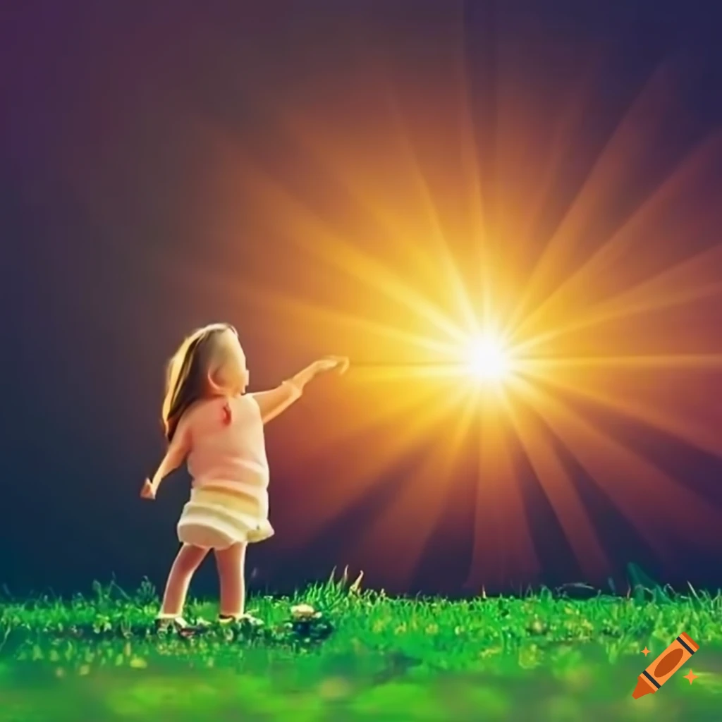 Child playing in the foreground with first sun rays in the background ...