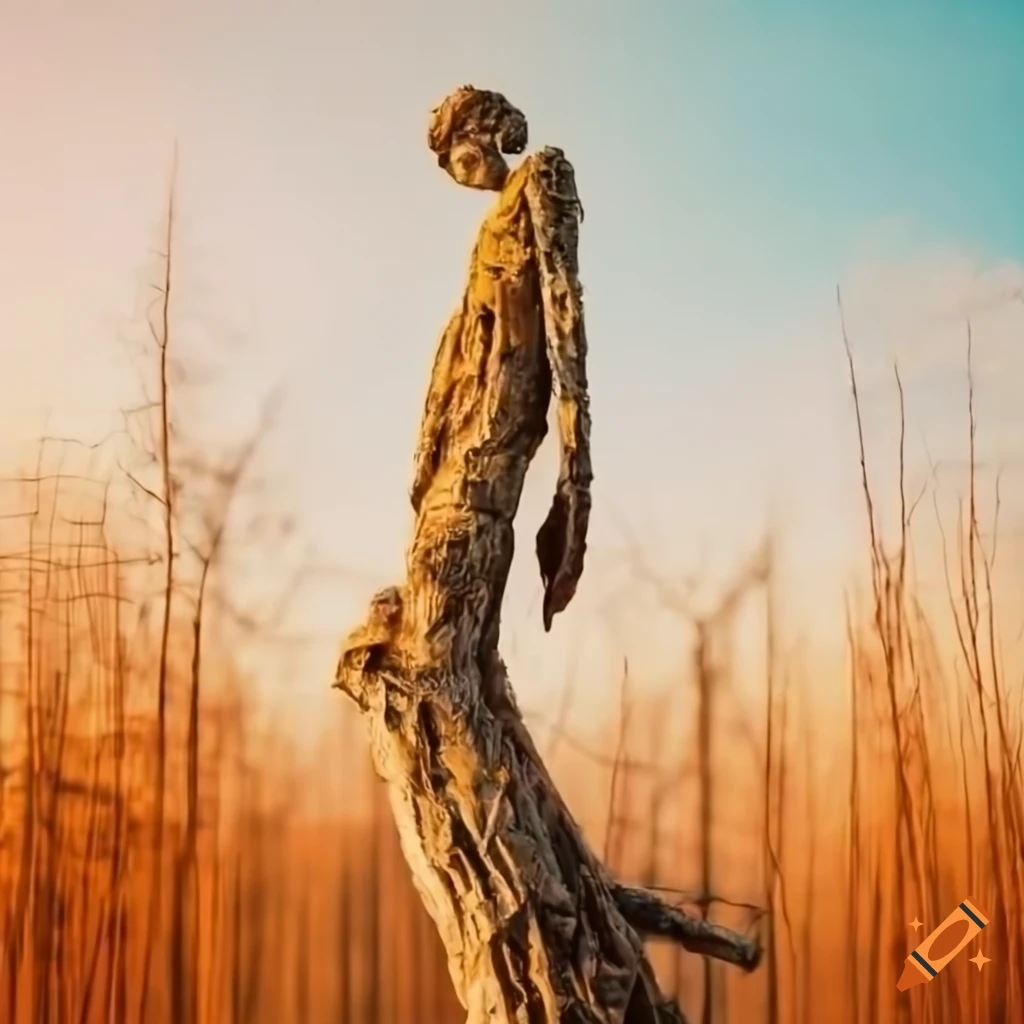 Distorted figure caught in web sculpture in a destroyed landscape with ...