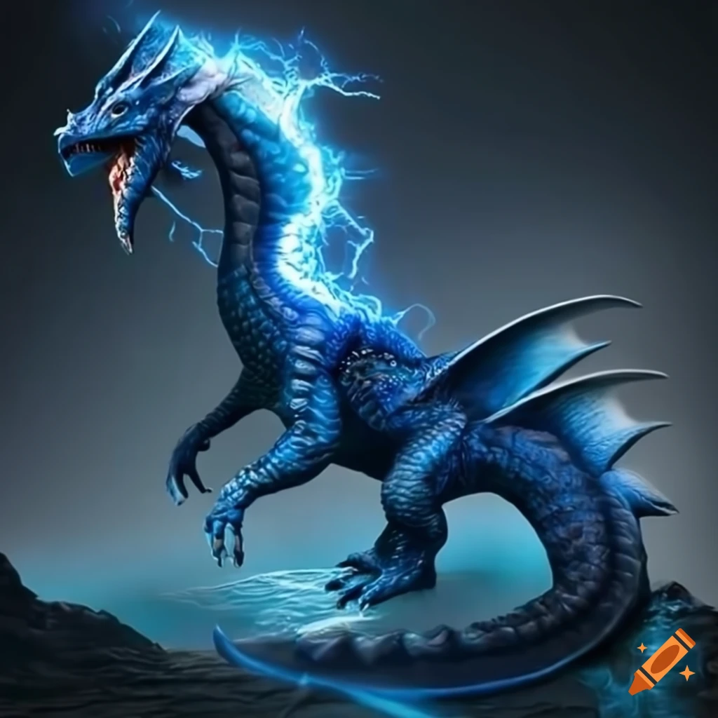 Realistic blue dragon breathing blue lightning on a mountain on Craiyon
