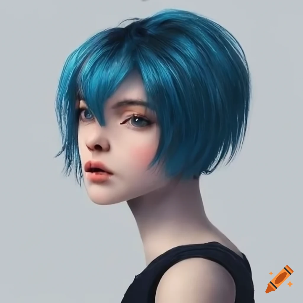 Tall girl with pale skin, blue hair, athletic build, and dark blue eyes ...