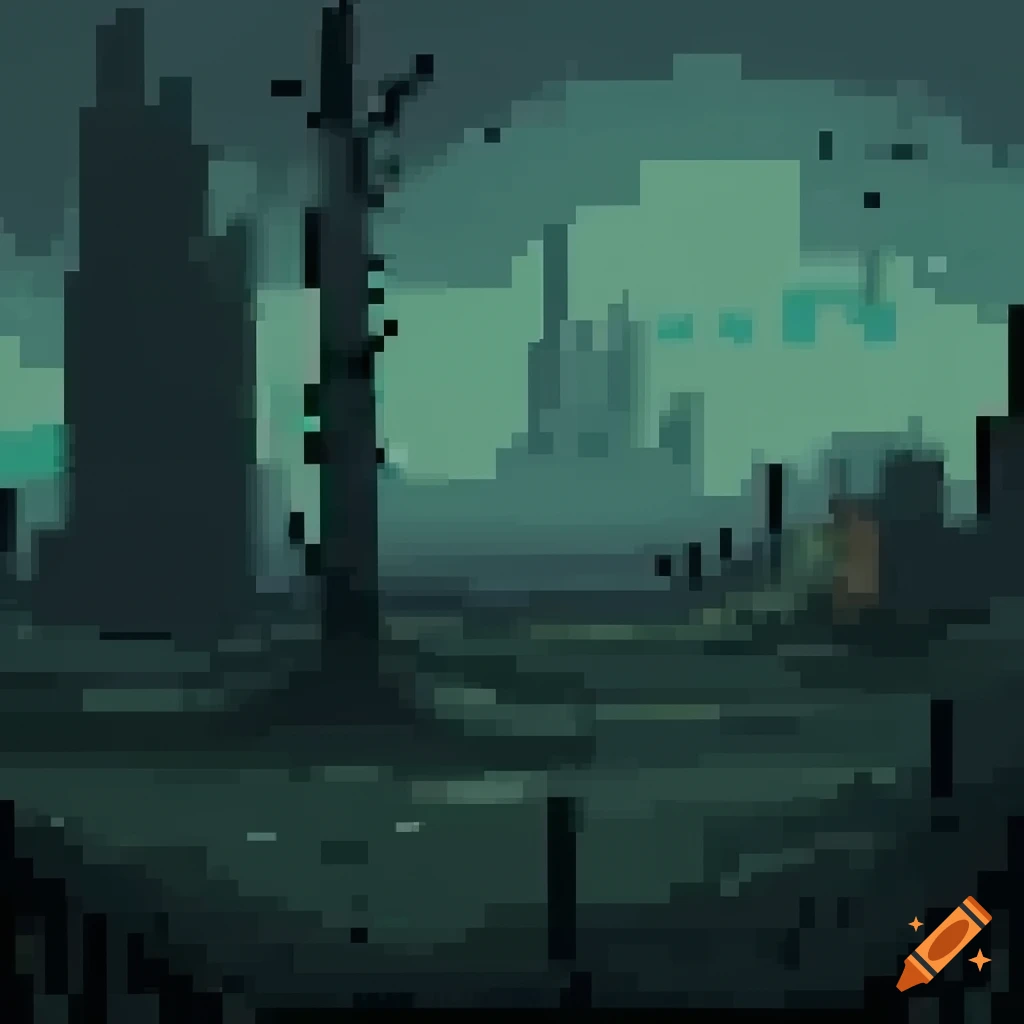Dramatic post-apocalyptic pixel art landscape with dark colors on Craiyon