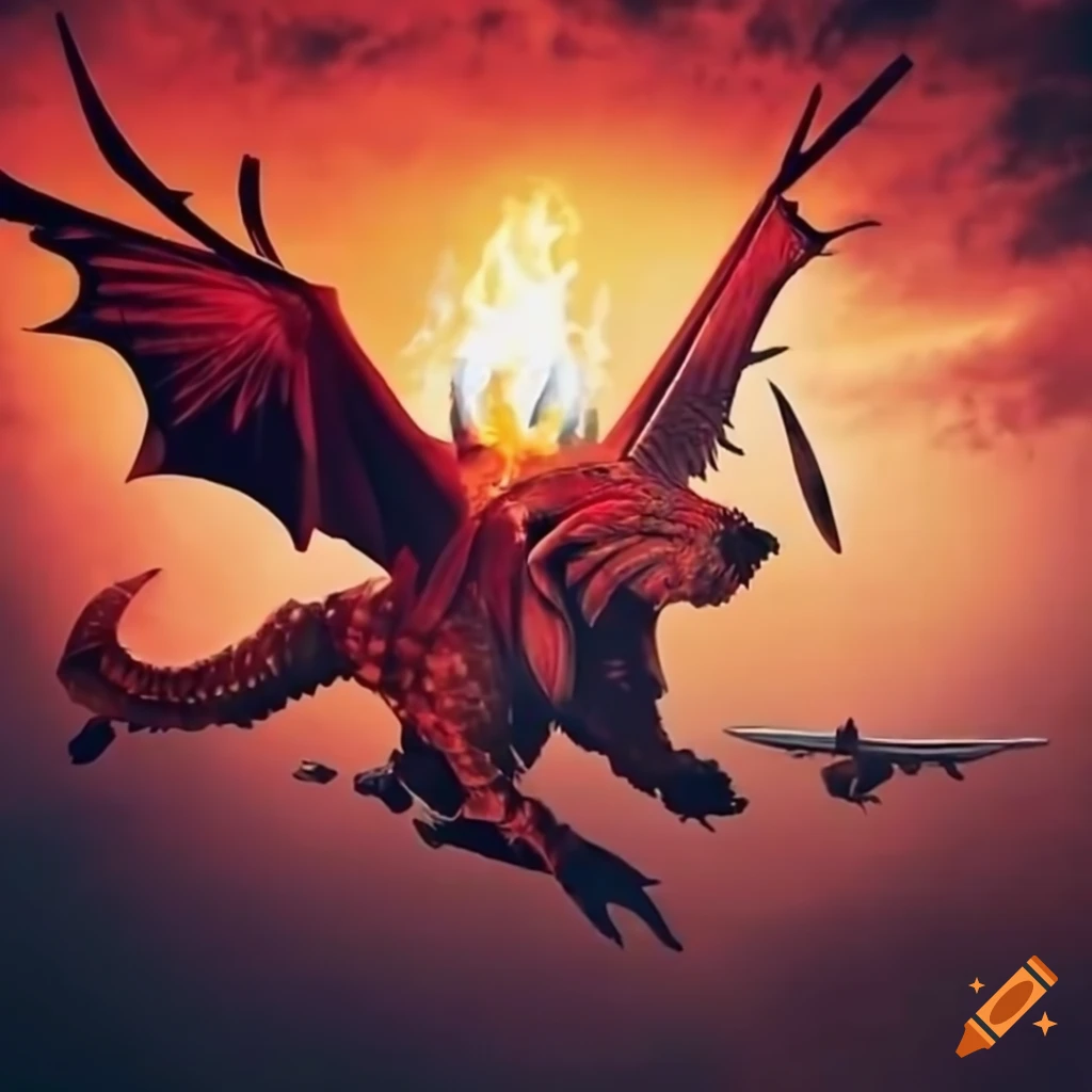 Jet fighter dogfighting a demonic bat-winged dragon in a red sky on Craiyon