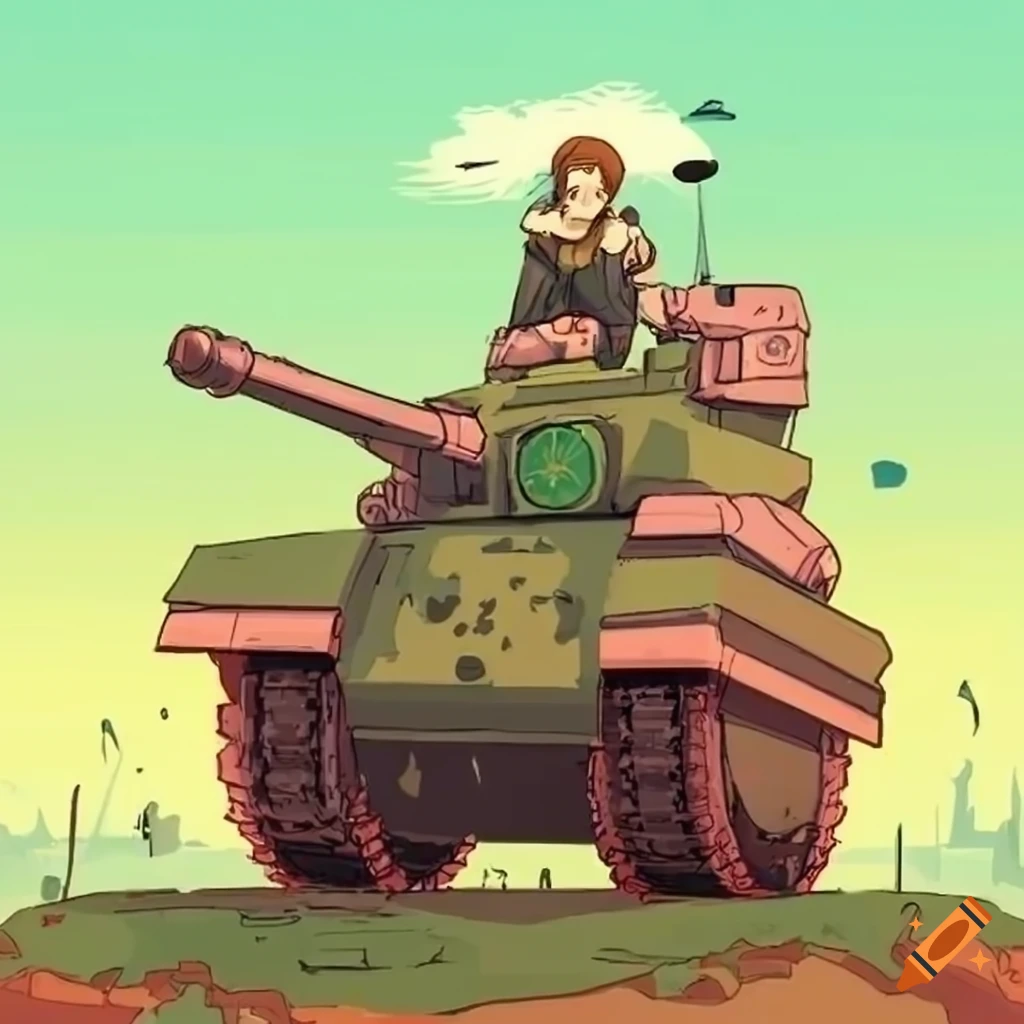 Cartoonish small tank and tank driver in manga style on Craiyon
