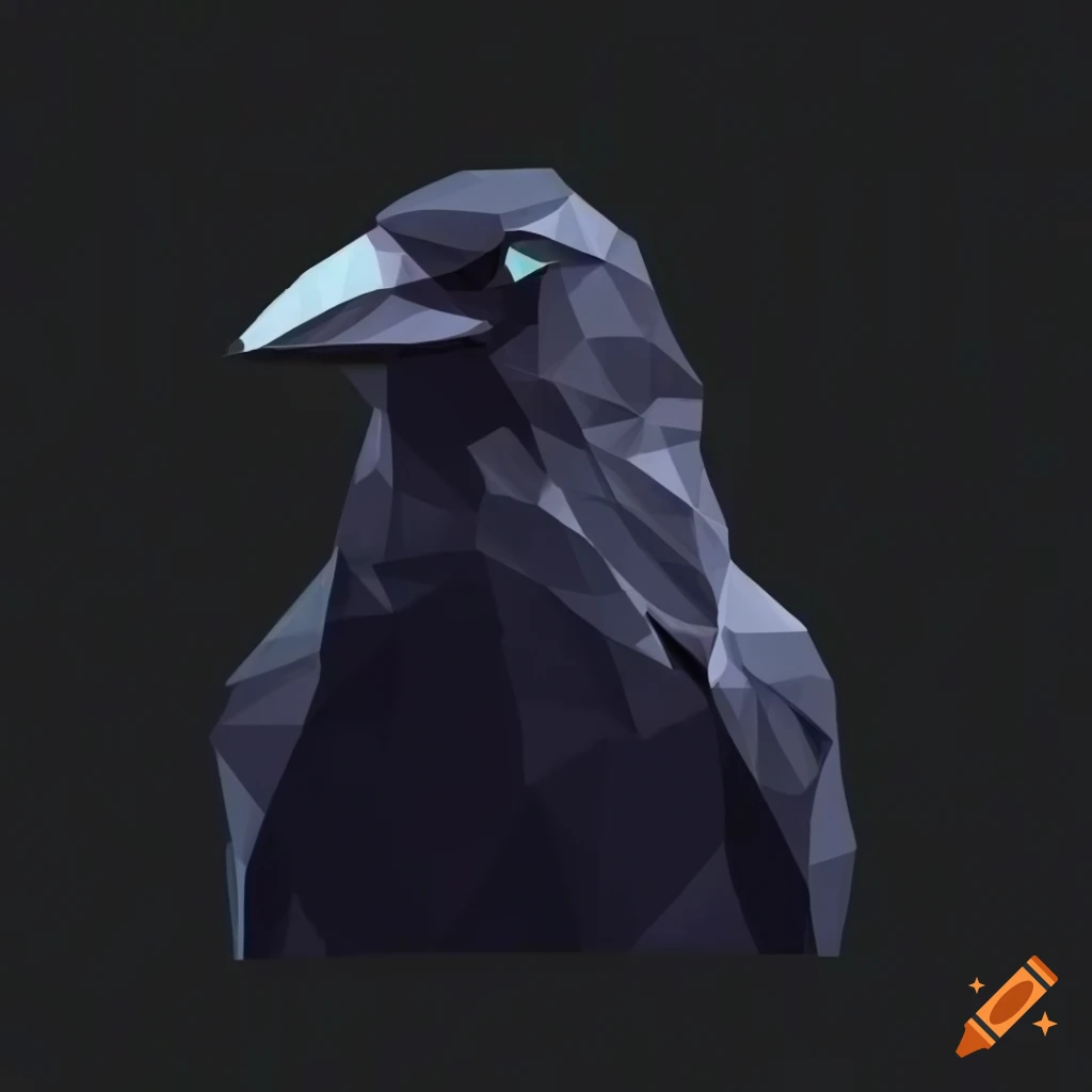 Low-poly artwork of a thoughtful crow in monochrome flat style on Craiyon