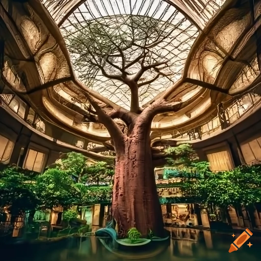 Grand atrium with impressive baobab tree on Craiyon
