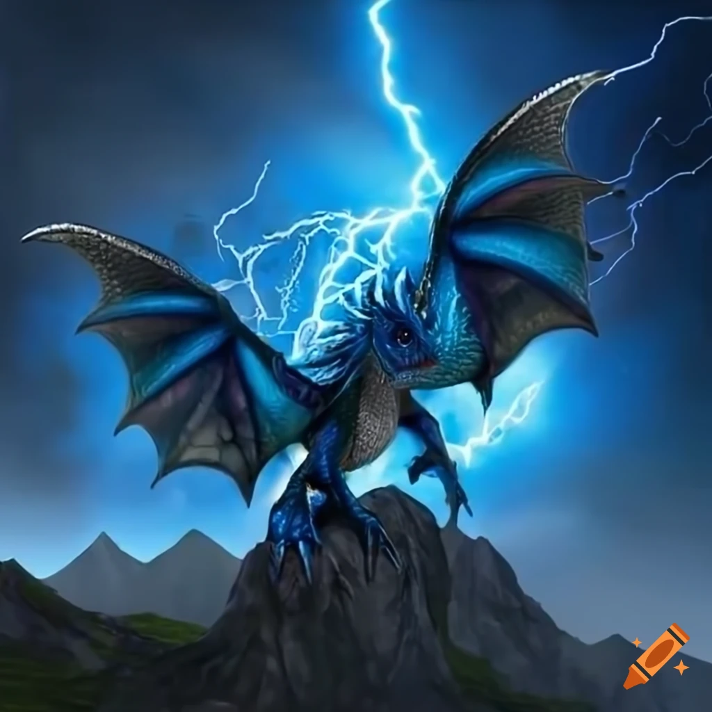 Realistic blue dragon on a mountain breathing blue lightning on Craiyon