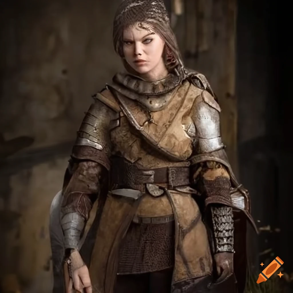 Fierce woman warrior in medieval armor wielding an old sword on Craiyon