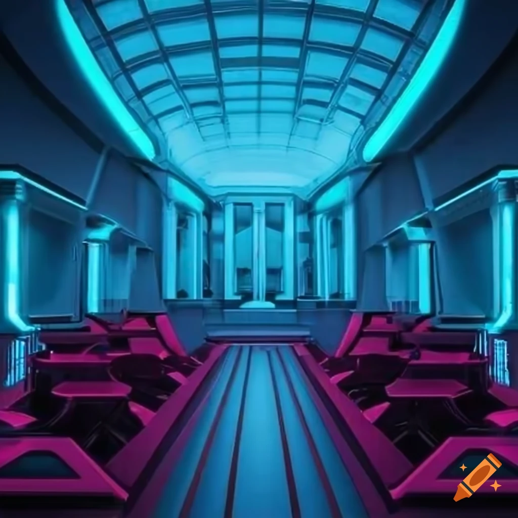 Interior of a neon futuristic courtroom on Craiyon
