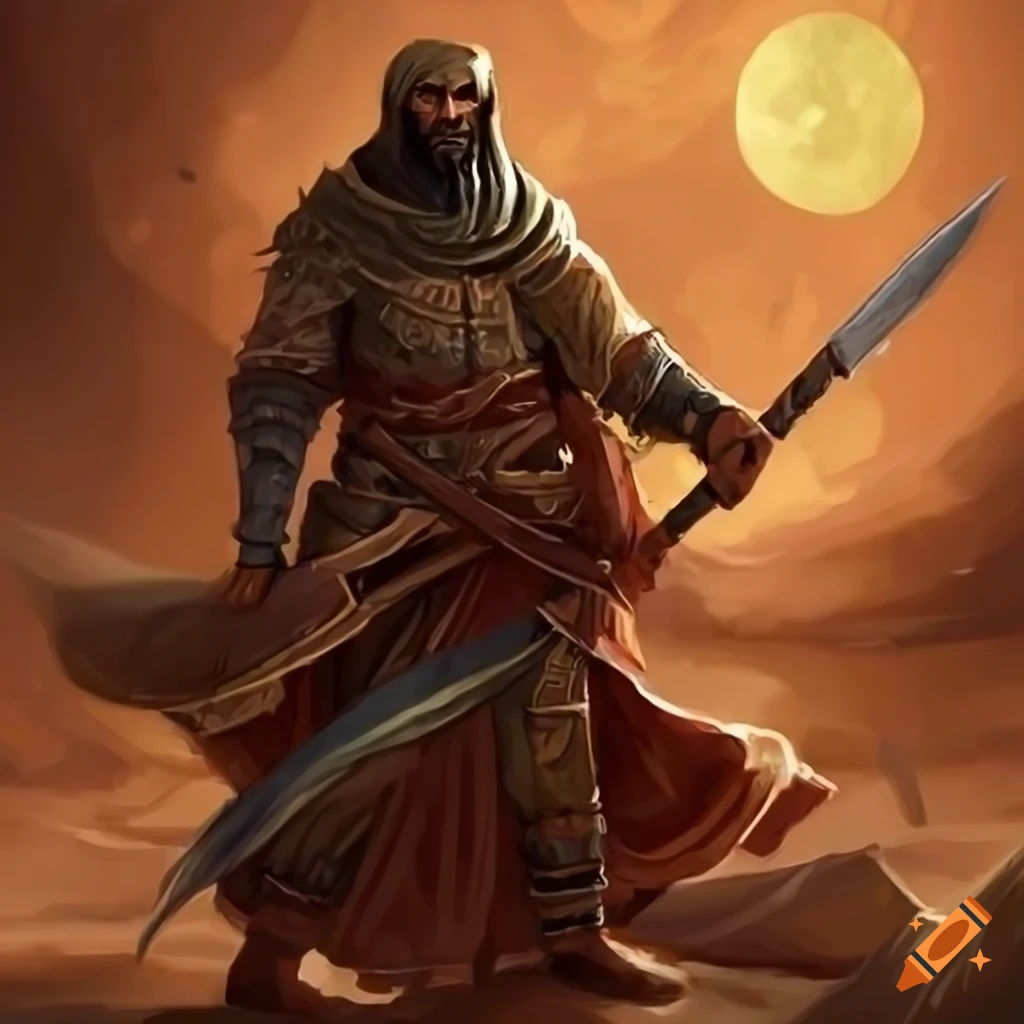 Desert arab warrior holding a javelin in a dnd setting on Craiyon