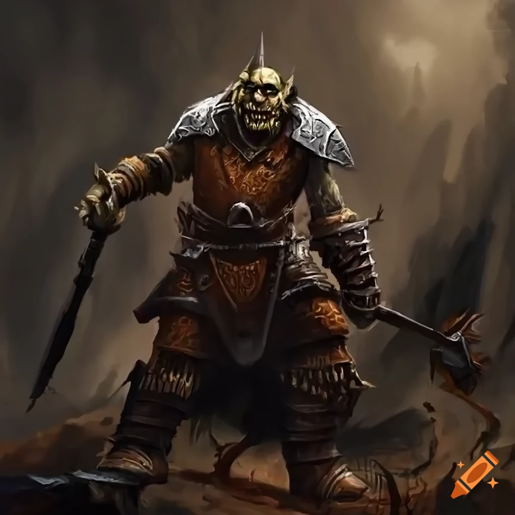 Detailed painting of a skinny orc warrior in brown armor on Craiyon