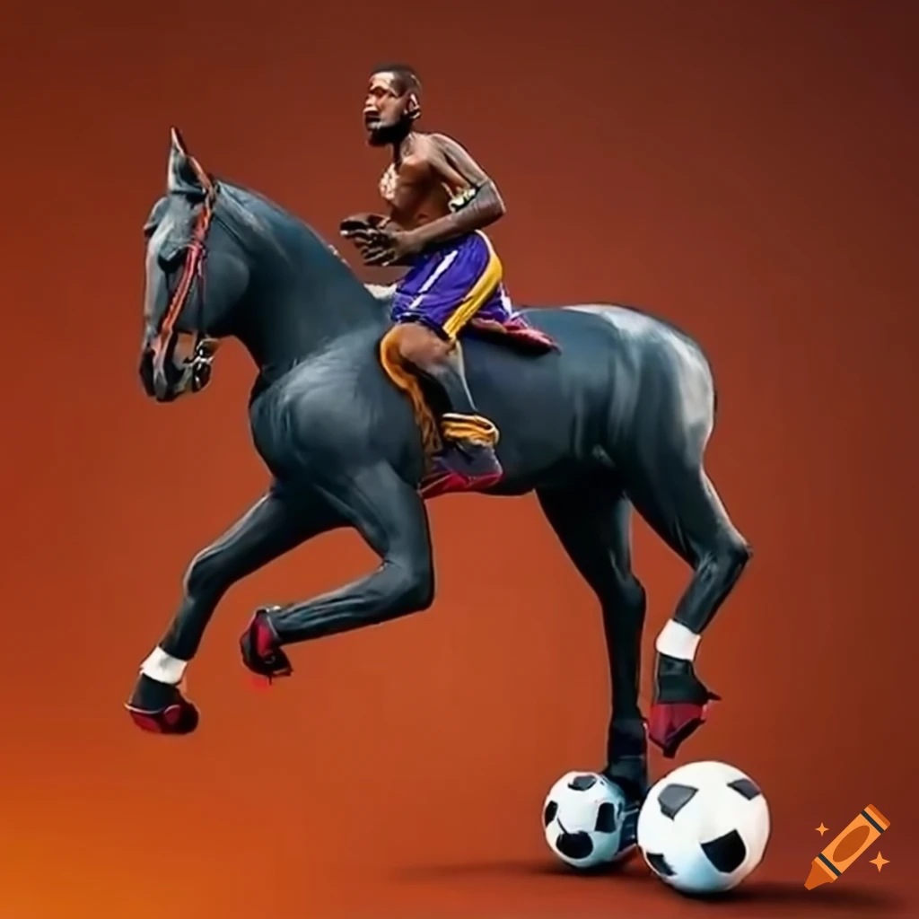 Lebron james lifting the soccer world cup while riding a horse on Craiyon